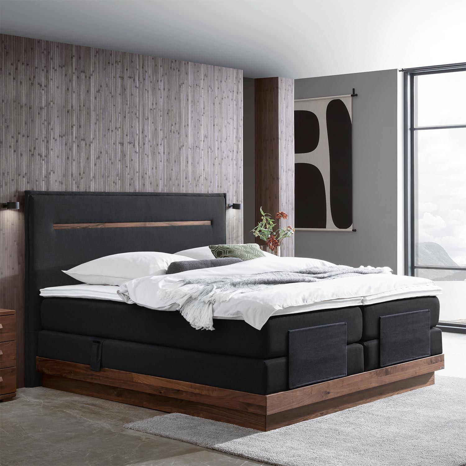 Hasena Boxspringbett Elegant elektrisch verstellbar Nussbaum Webstoff ...